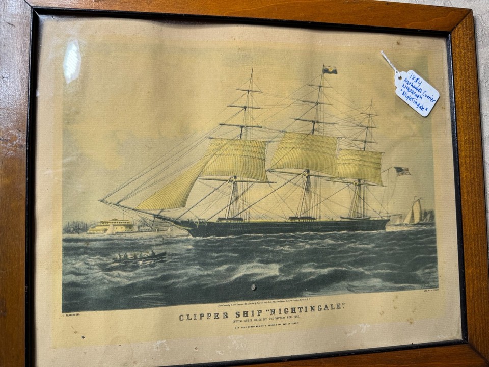 Antique 1834 Nathaniel Currier Lithograph "The Clipper Ship Nightingale ...