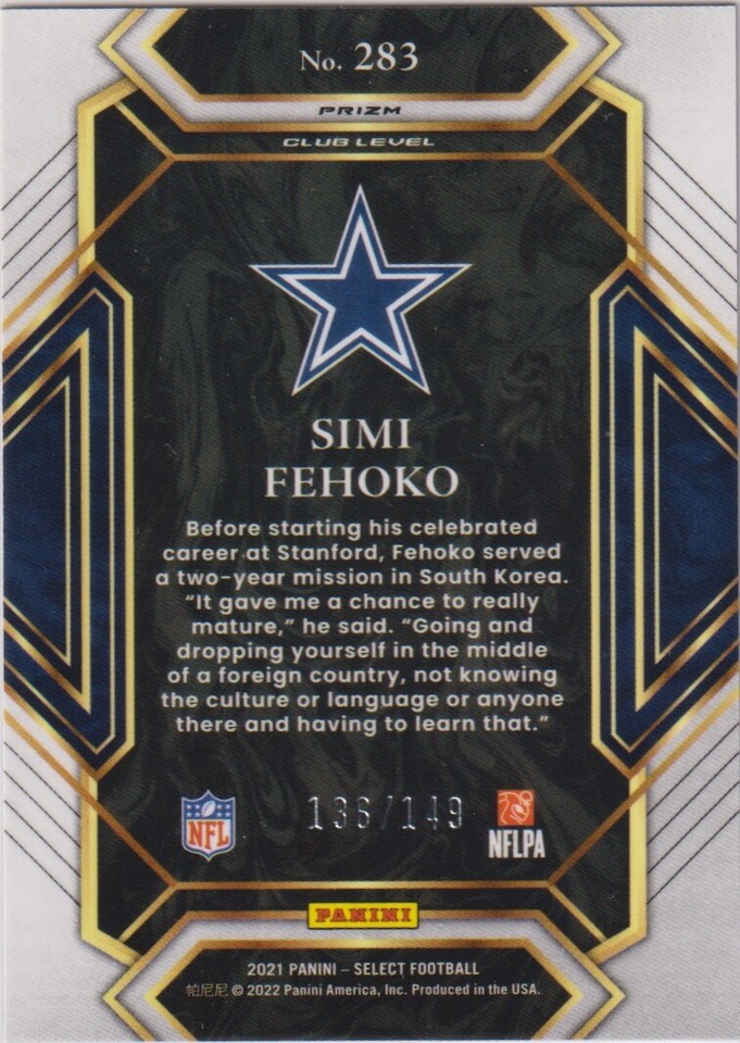 2021 Panini Select Simi Fehoko Dallas Cowboys Tri-Color Prizm rc rookie ...