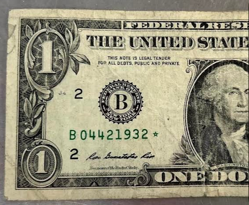 B 04421932* $1 One Dollar Bill Star Note 2013 Duplicate Serial number ...