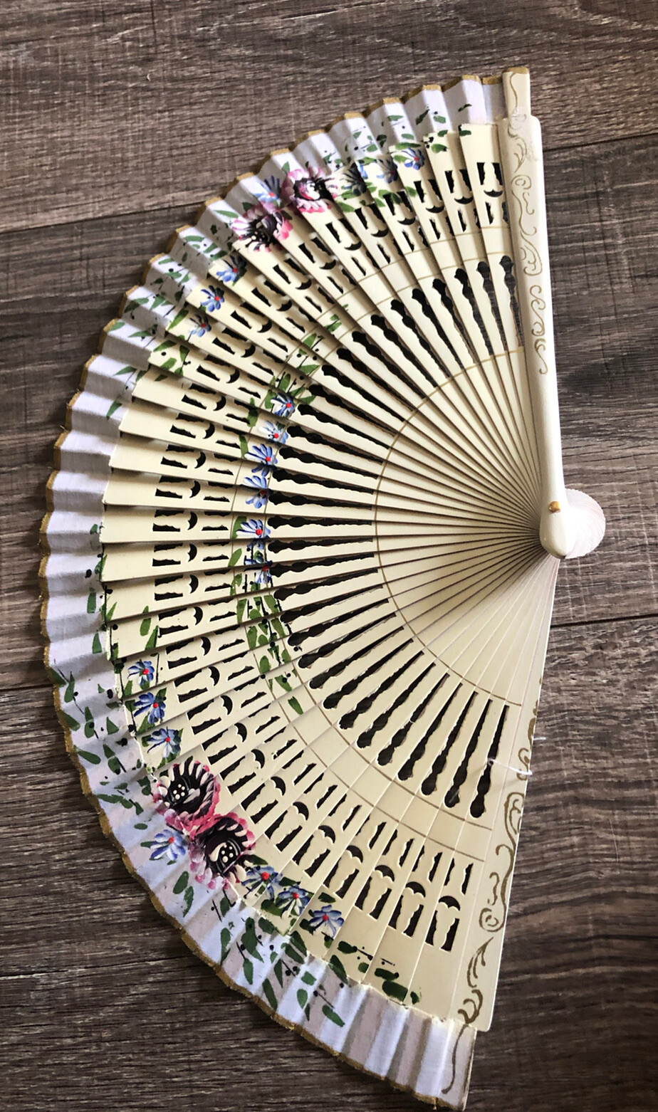 Hand Held Fan Hand Painted Wood Floral Details Wood C… - Gem
