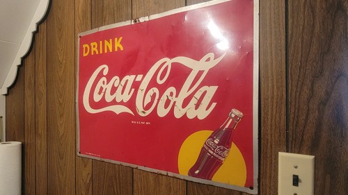 1948 Coca-Cola COKE Yellow Dot Metal Sign 27" x 19" Embossed Lettering ...