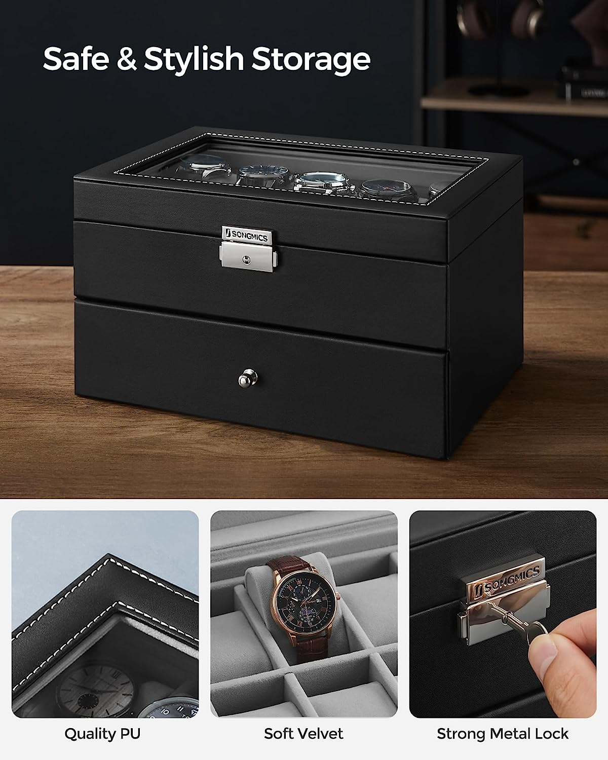20-Slot Watch Box, Watch Case with Glass Lid, 2 Layers, Lockable Watch ...