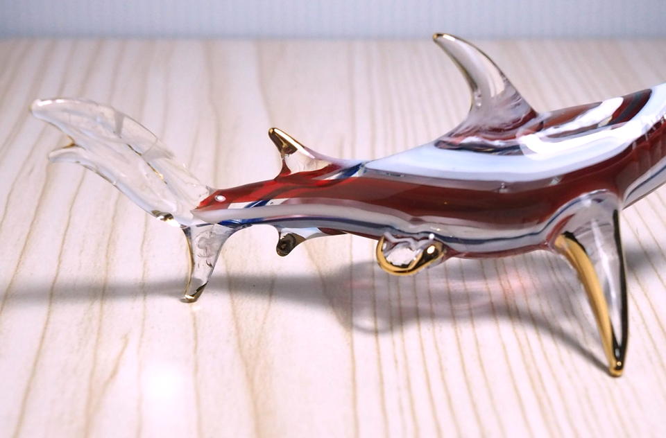 Maroon Blue Shark figurine handmade blown glass art gold trim 4.25 ...