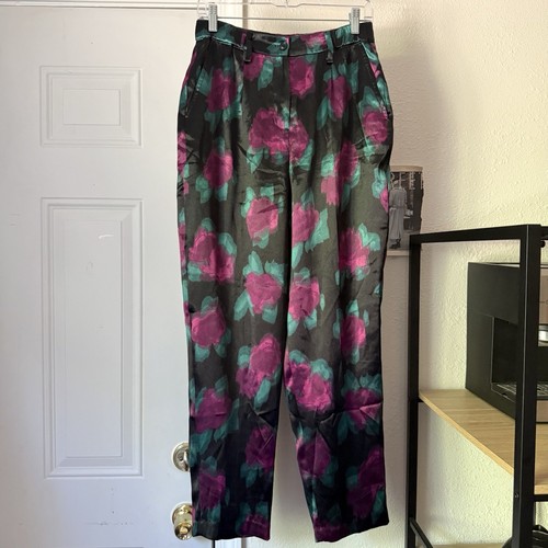 BP x WILDFANG black rose floral satin tapered cropped trousers pants | eBay
