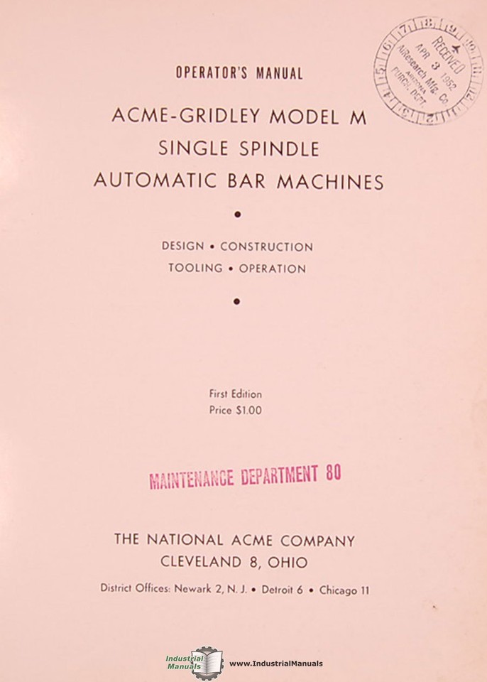 Acme Gridley M, Bar Machine Operations Manual Year (1952) | eBay