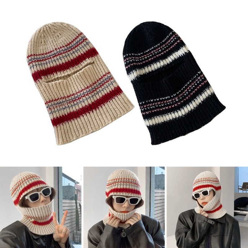 Adult Knit Balaclava Hat Outdoor Windproof Handmade Color Matching Hat ...