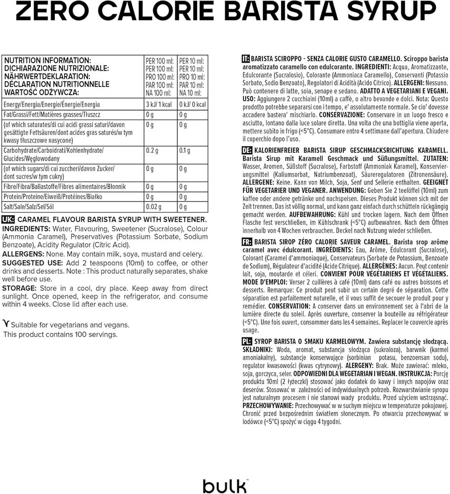 Bulk Zero Calorie Vanilla Barista Syrup 1L | Sugar-Free Vegan Coffee ...