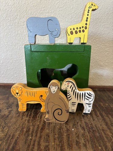 Green Wooden Cube Animal Sorter - 5 Shapes, Lion, Zebra, Monkey ...