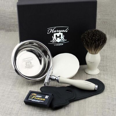 4 Piece Mens Shaving Kit DE Safety Razor, Black Badger Brush, Soap Bowl ...