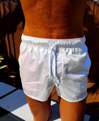 ASOS Design WHITE IRIDESCENT/METALIC SHORTS/SWIMWEAR w/mesh liner-Size ...