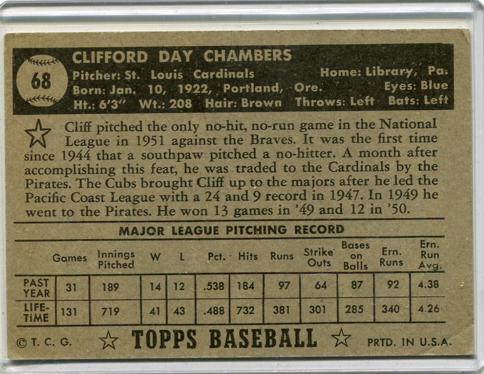 1952 Topps Baseball Card Cliff Chambers St Louis Cardinals B/B Ex Mint ...
