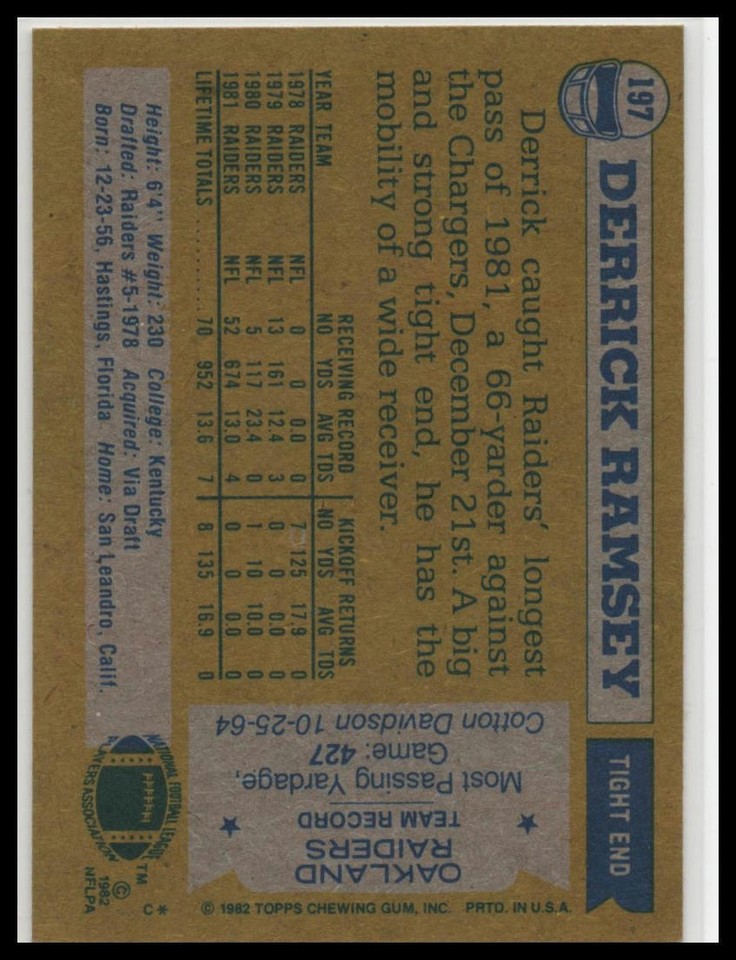 1982 Topps #197 Derrick Ramsey RC Oakland Raiders | eBay