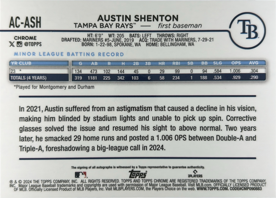 2024 Topps Chrome Update Austin Shenton #AC-ASH Auto Tampa Bay Rays | eBay
