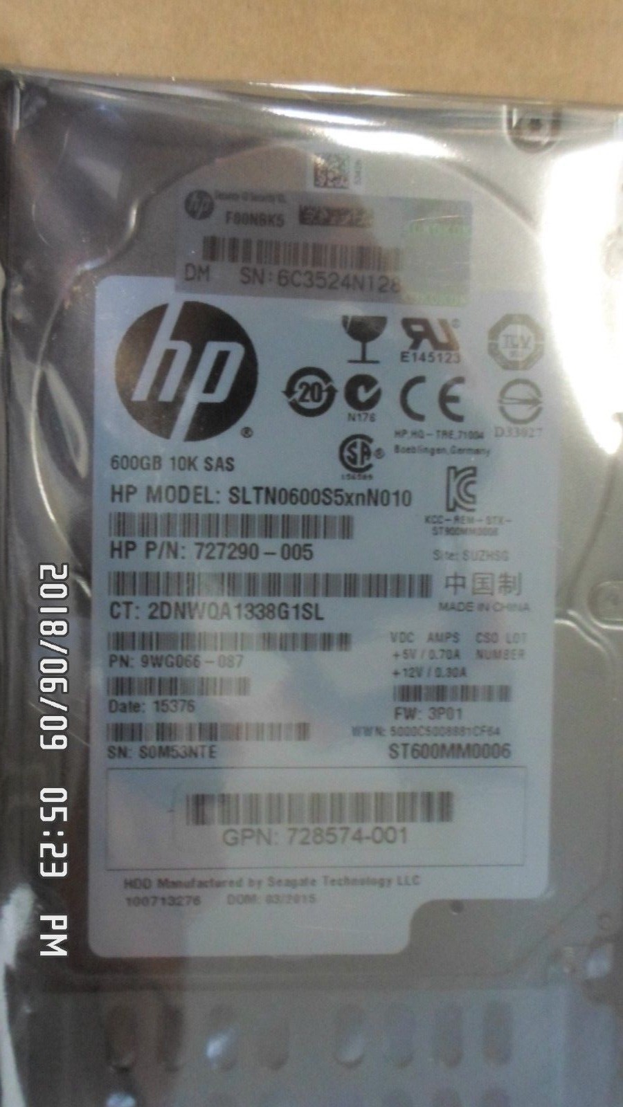 HP 727290-005 728574-001 9WG066-087 600GB 10K 2.5" SAS DRIVE FW: 3P01 W ...