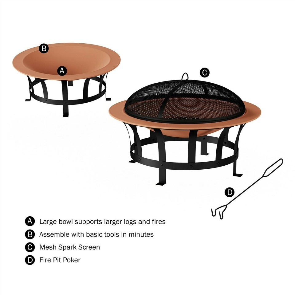 Outdoor Fire Pit 30 Inch Round Large Steel Bowl Copper Color Mesh ...