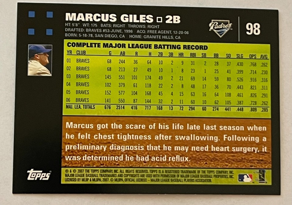 2007 TOPPS MARCUS GILES #98 2B SAN DIEGO PADRES BASEBALL CARD | eBay
