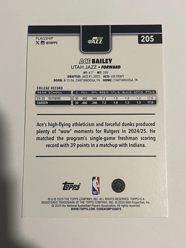 2025-26 Topps Basketball Ace Bailey RC Base #205 Utah Jazz | eBay