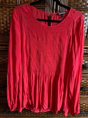 EXPRESS WOMENS BOHO SMOCKED TOP ~ BLOUSE ~ sz L ~NEON CORAL RED ...