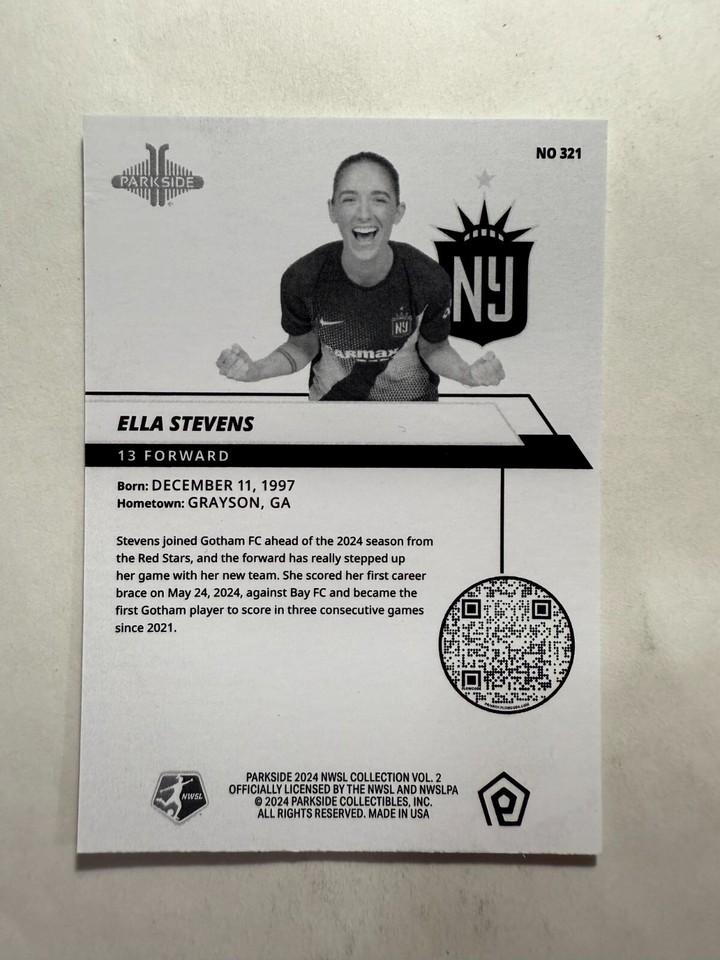 Ella Stevens 2024 NJ/NY Gotham FC #321 Parkside Vol. 2 NWSL Card B&W | eBay