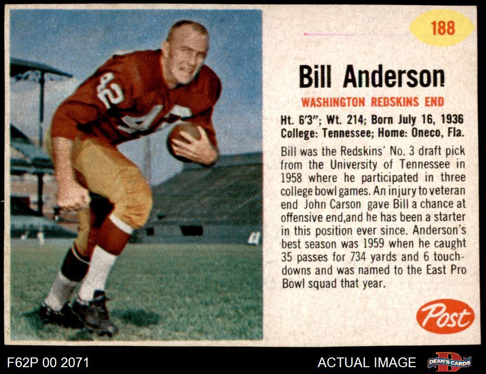 1962 Post Cereal #188 Bill Anderson Redskins SHORT-PRINT Tennessee 5 ...