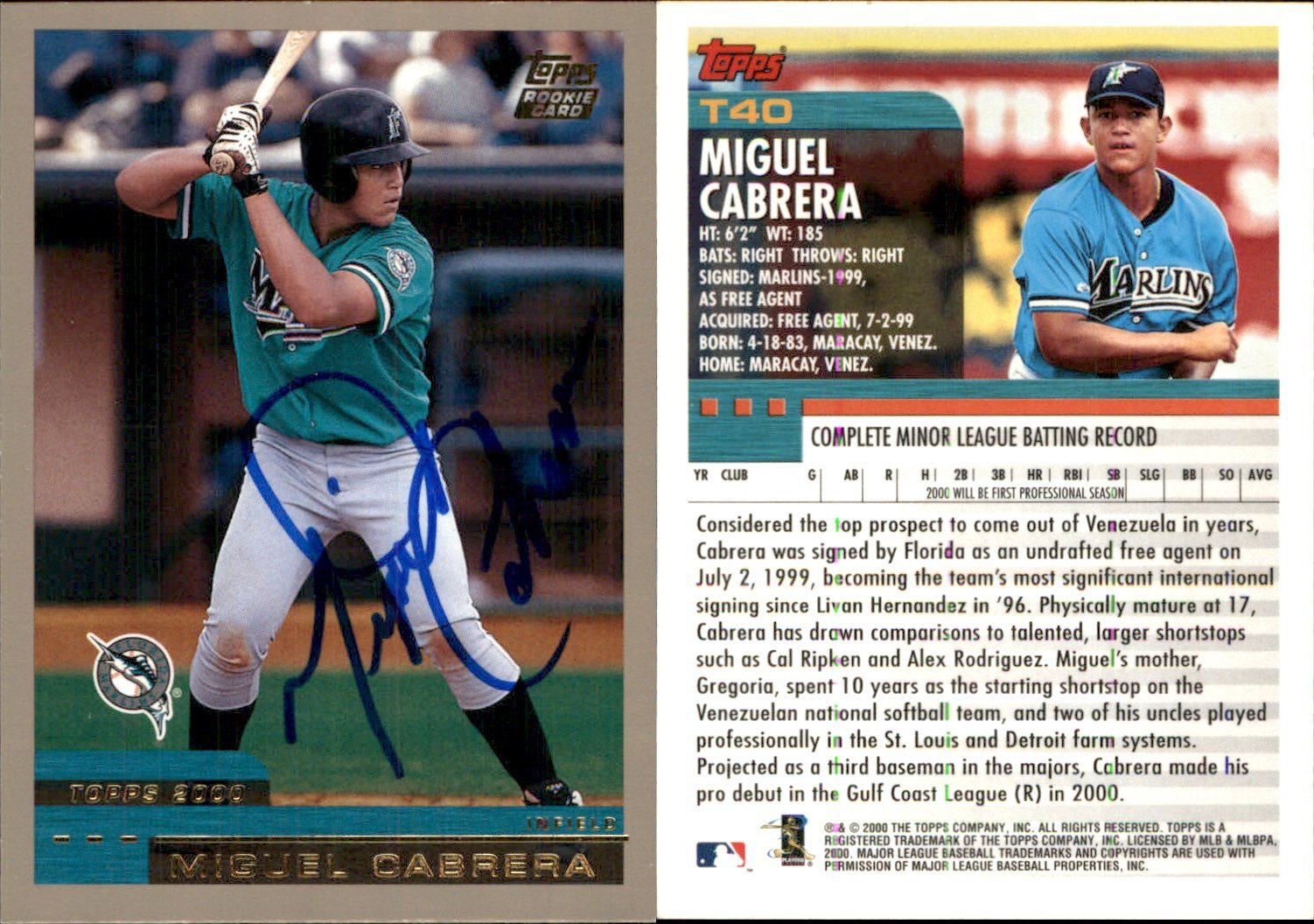 Miguel Cabrera Signed 2000 Topps Traded & Rookies #T40 RC AU Tigers ...