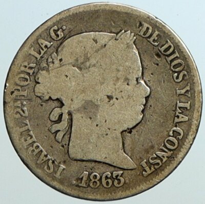 1863 SPAIN Queen ISABELLA II Antique OLD Silver 2 Reales Spanish Coin ...
