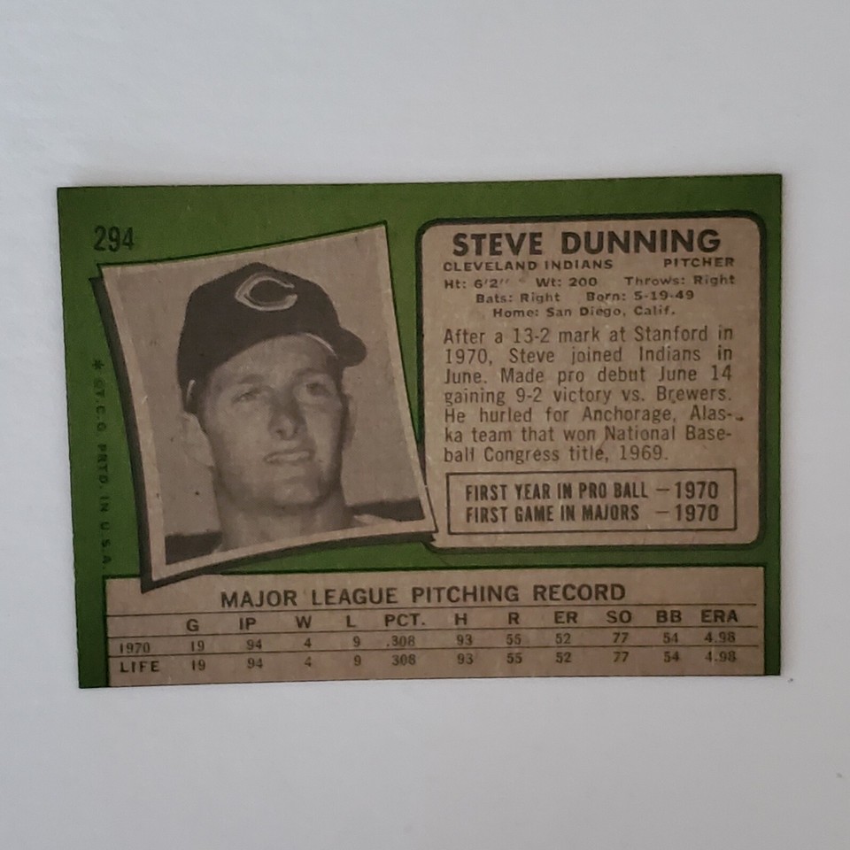 VINTAGE - 1971 TOPPS BASEBALL "STEVE DUNNING" #294 - PACK FRESH | eBay