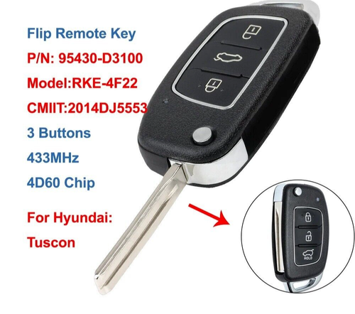 Flip Remote Key Fob 3 Buttons 433MHz 4D60 Chip for Hyundai Tuscon 2015 ...