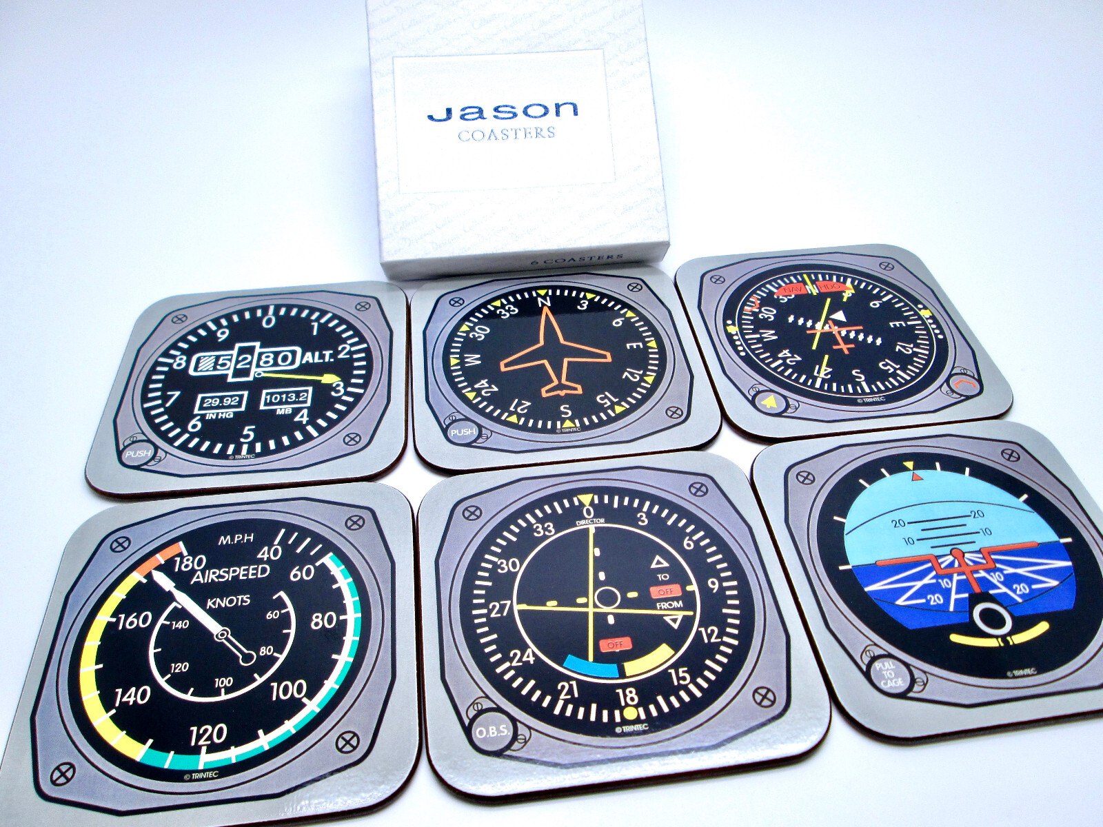 Jason • “Aviation Instruments” Cork Backed Wood Coasters Set of 6 + Box ...