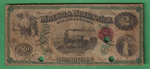 UNITED STATES $2 DOLLARS 1867 MACON & BRUNSWICK RAIL ROAD Obsolete NOTE ...