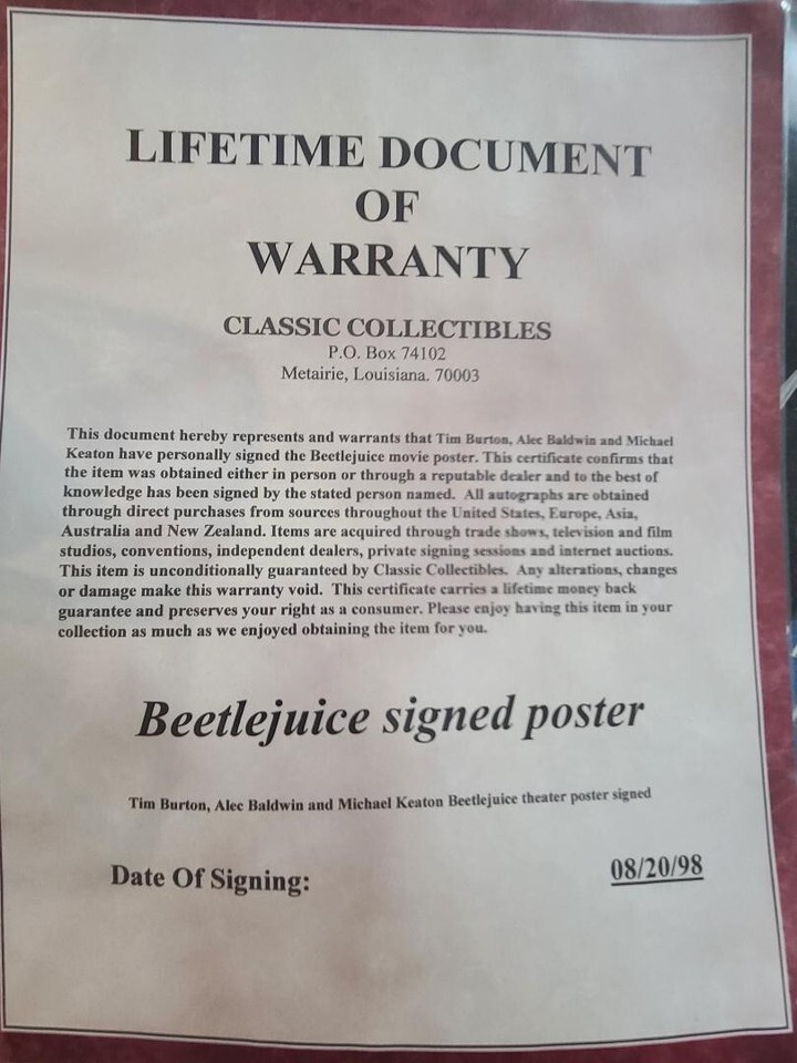 Beetlejuice Signed Michael Keaton, Baldwin & Burton 27x40 Full Size ...