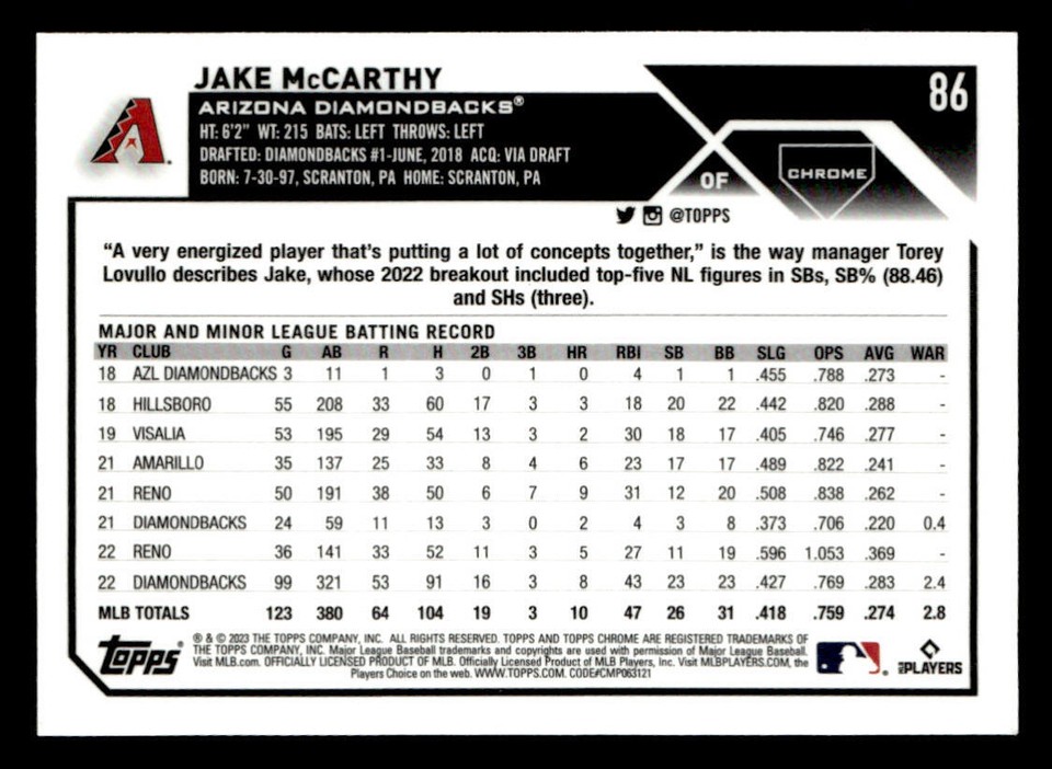 2023 Topps Chrome #86 Jake McCarthy Card Arizona Diamondbacks | eBay