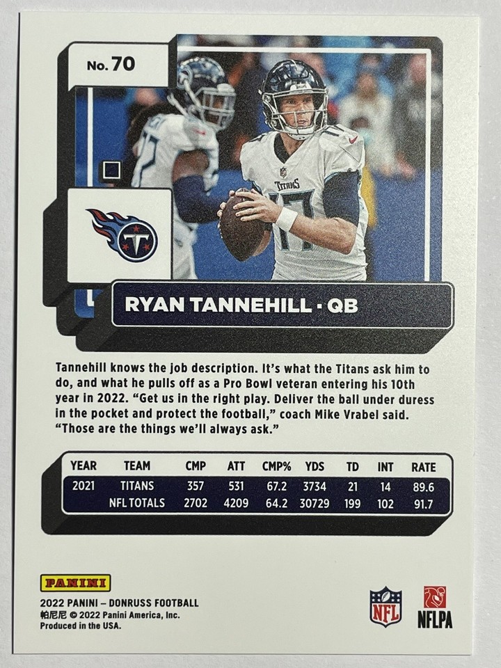RYAN TANNEHILL Tennessee Titans 2022 Donruss GOLD HOLO PRESS PROOF Card ...