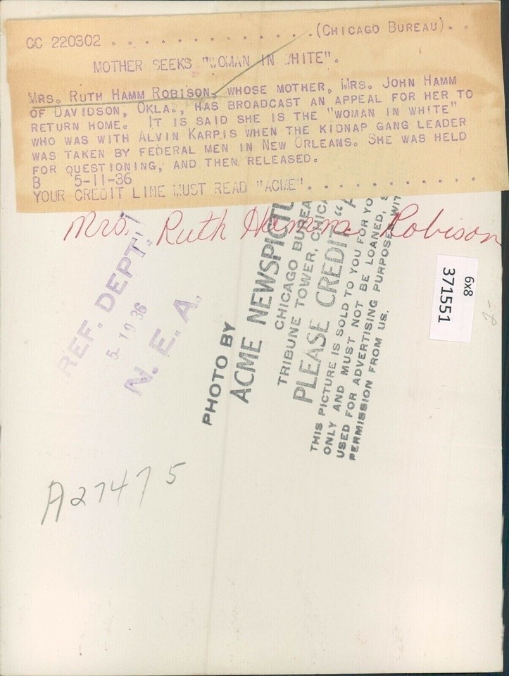 1936 Mrs Ruth Hamm Robison Woman White Gang Leader Kidnapping Vintage ...