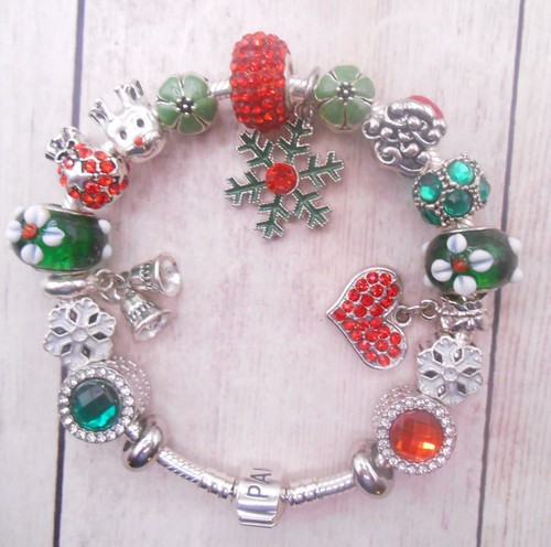 SILVER PANDORA CHARM BRACELET & MERRY CHRISTMAS SNOWFLAKES SANTA ...