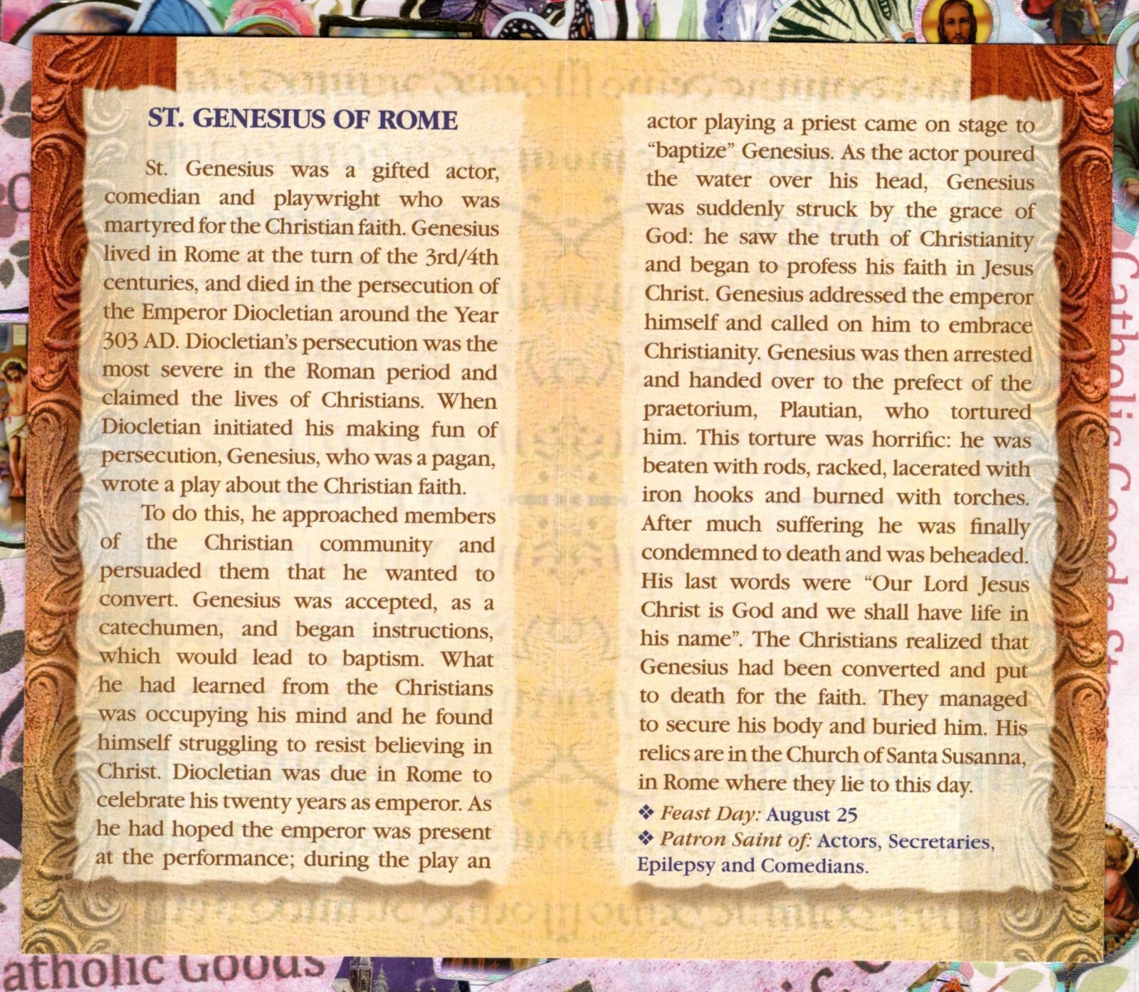 Saint St. Genesius - Biography, prayer, Feast Day, etc... Folder Card ...