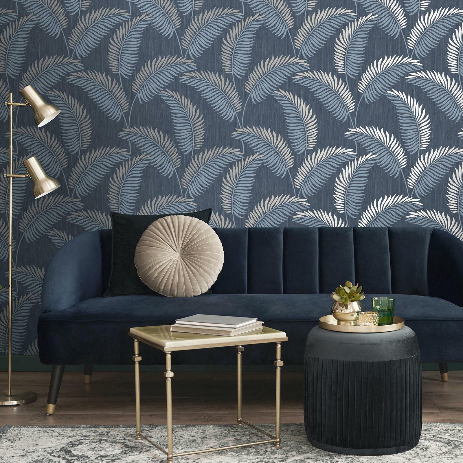 Fine Decor Cascade Fern Leaf Wallpaper Tropical Metallic Blue/Silver ...