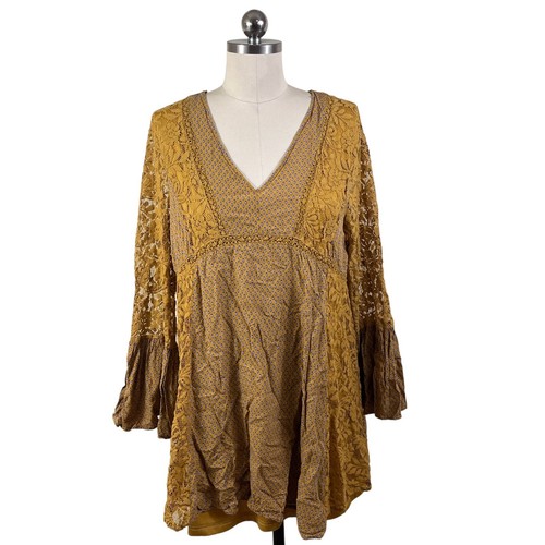 Entro Tunic Top Dress Womens Medium Yellow Feather Crochet Bell Sleeve ...