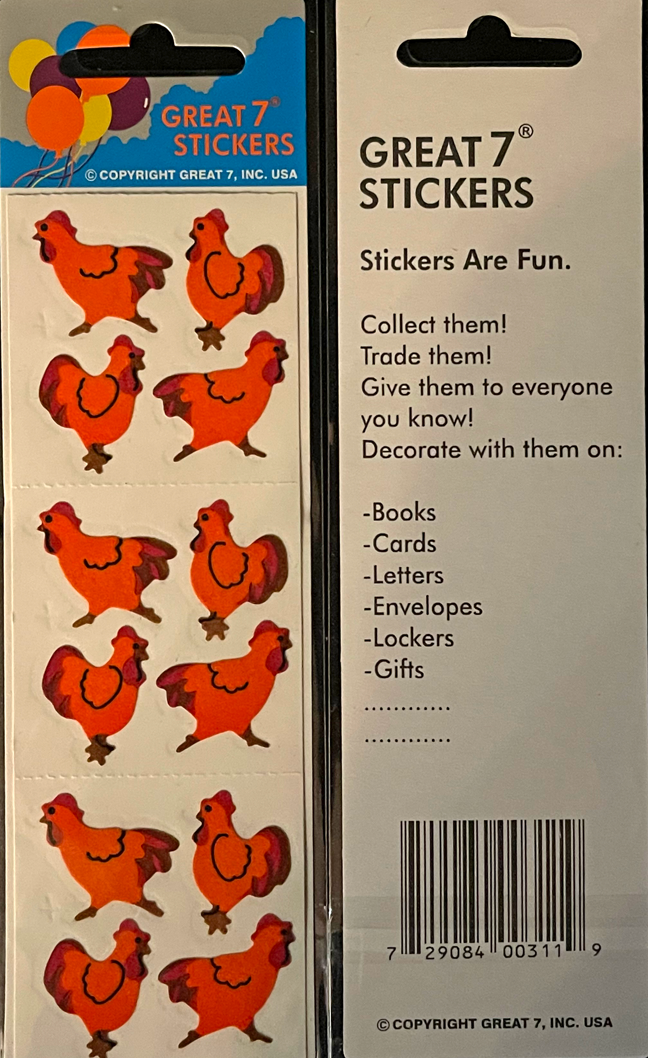 12 packages of Fuzzy Rooster Stickers, "Great 7" Sticker Designs ...