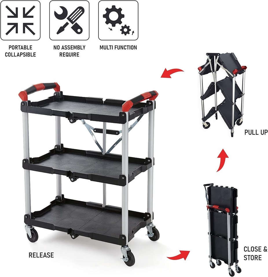 Portable Folding Service Cart, 3 Tier Folding Utility Cart, Collapsible ...