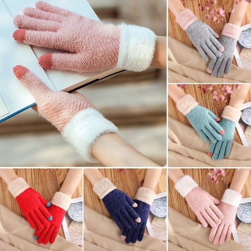 Elastic Plush Soft Full Finger Thicken Warm Knitted Gloves Touch Screen ...