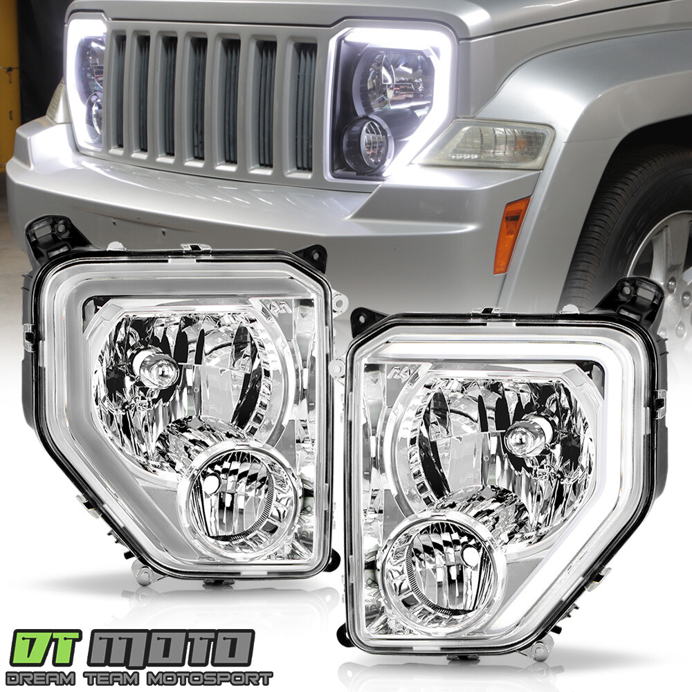 For 2008-2012 Jeep Liberty Upgrade Style Chrome LED Tube Headlights w ...