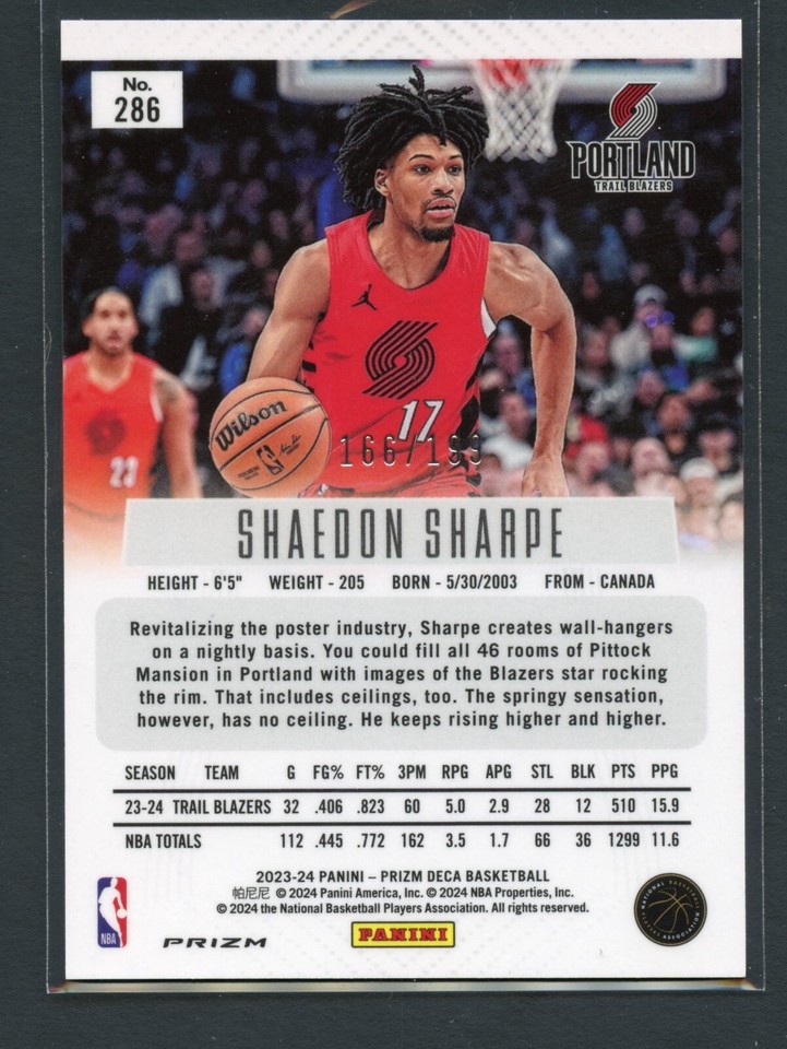 /199 Prizm Deca Red Prizm #286 Shaedon Sharpe Color Match 2023-24 ...