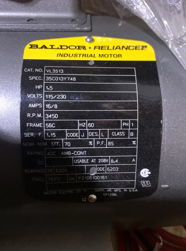 Baldor VL3513 Ac Motor 56c 1ph 1-1/2hp 3450rpm 115/230v-ac New In ...