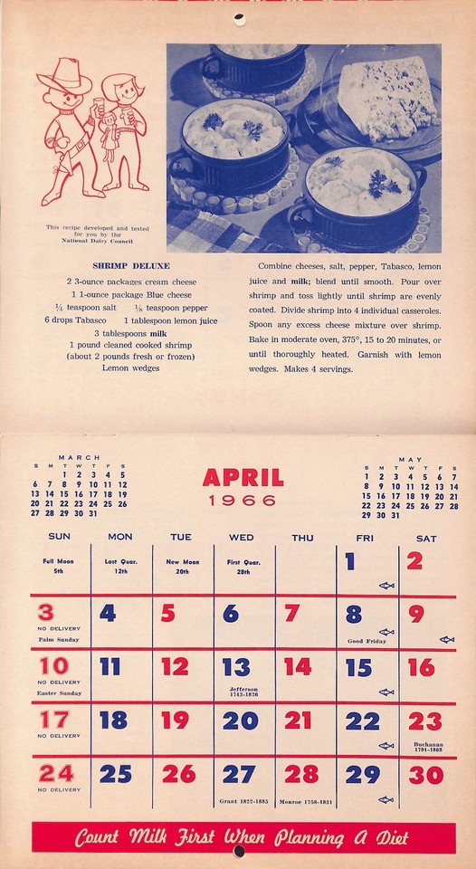 Ephemera, "Chase Brothers Dairy" Vintage 1966 Calendar, Ventura County ...
