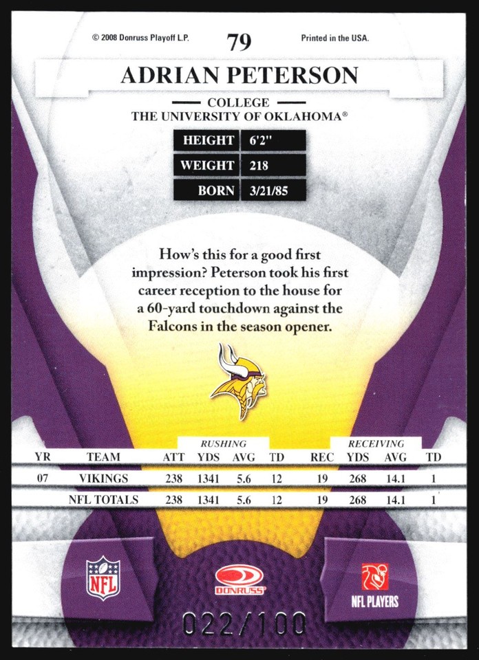 2008 Leaf Certified Materials Adrian Peterson Red /100 #79 | eBay