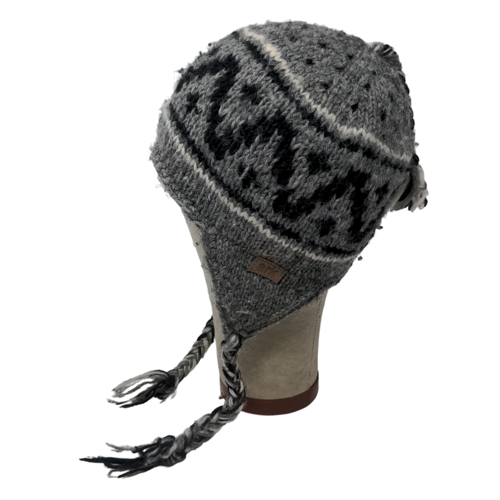 ARK Men's Knit Beanie Trapper Hat Gray Fair Isle 100% Wool Fleece Lined ...