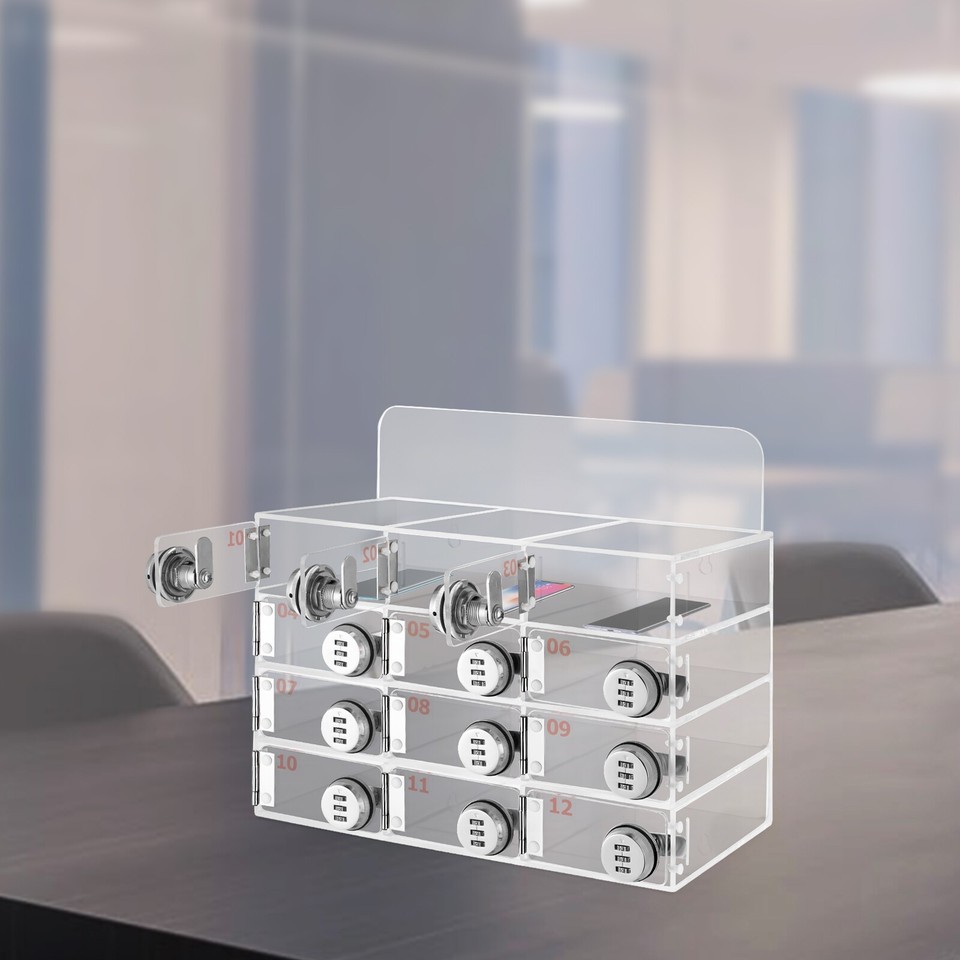 12 Slots Cell Phone Locker Box Transparent Acrylic Storage Box W/Locks ...