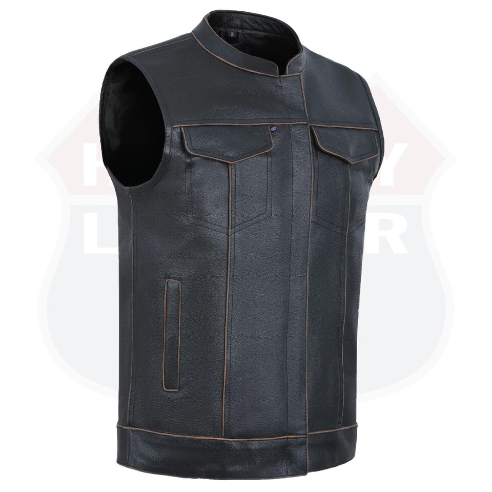 SOA Men's Rub Buff Leather Vest Anarchy Motorcycle Biker Club Concealed ...