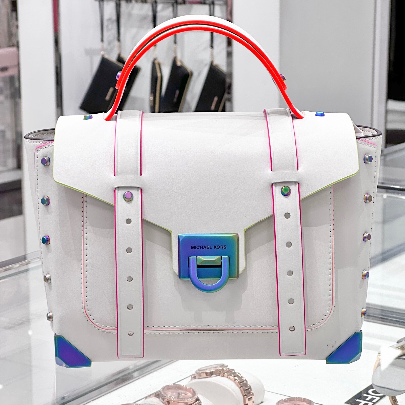 Michael Kors Manhattan Medium Contrast Trim Leather Satchel Stud ...